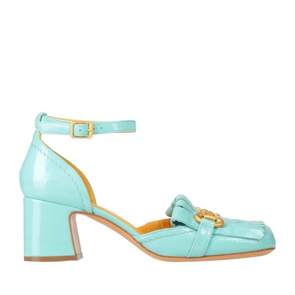 Shoes | Turquoise Patent Moccasin Pumps With Gold Hardware On Fringe ...